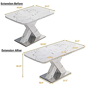 63inch Extendable Marble Dining Table for 4-6, White Faux Marble Dining Room Kitchen Table, Modern Rectangular Dinner Table with Pedestal Base for Dining Room Kitchen (White)