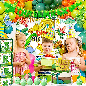 cocomigo 147pcs Three Rex Birthday Decorations Boy, Dinosaur Birthday Decorations 3 Year Old Boy Include Three Rex Balloons Banner Backdrop Etc, for 3 Rex Birthday Decorations Boys and Grils