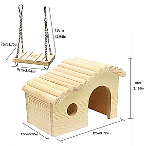 Wooden Hamster House for Small Pet, Hanging Wooden Swing,Chew Toy, Small Animal Hideout Arched Platform Nesting Habitat for Gerbils Guinea Pigs Hedgehog