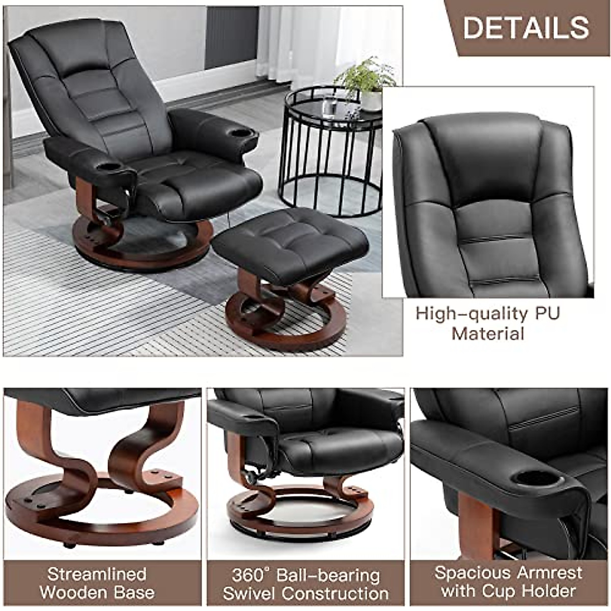 AVAWING Recliner Chair with Ottoman Adjustable Swivel Chair with Footrest 360° Swivel PU Leather Reclining Chair with Footrest for Living Room Recliner and Ottoman with Wood Base, Black