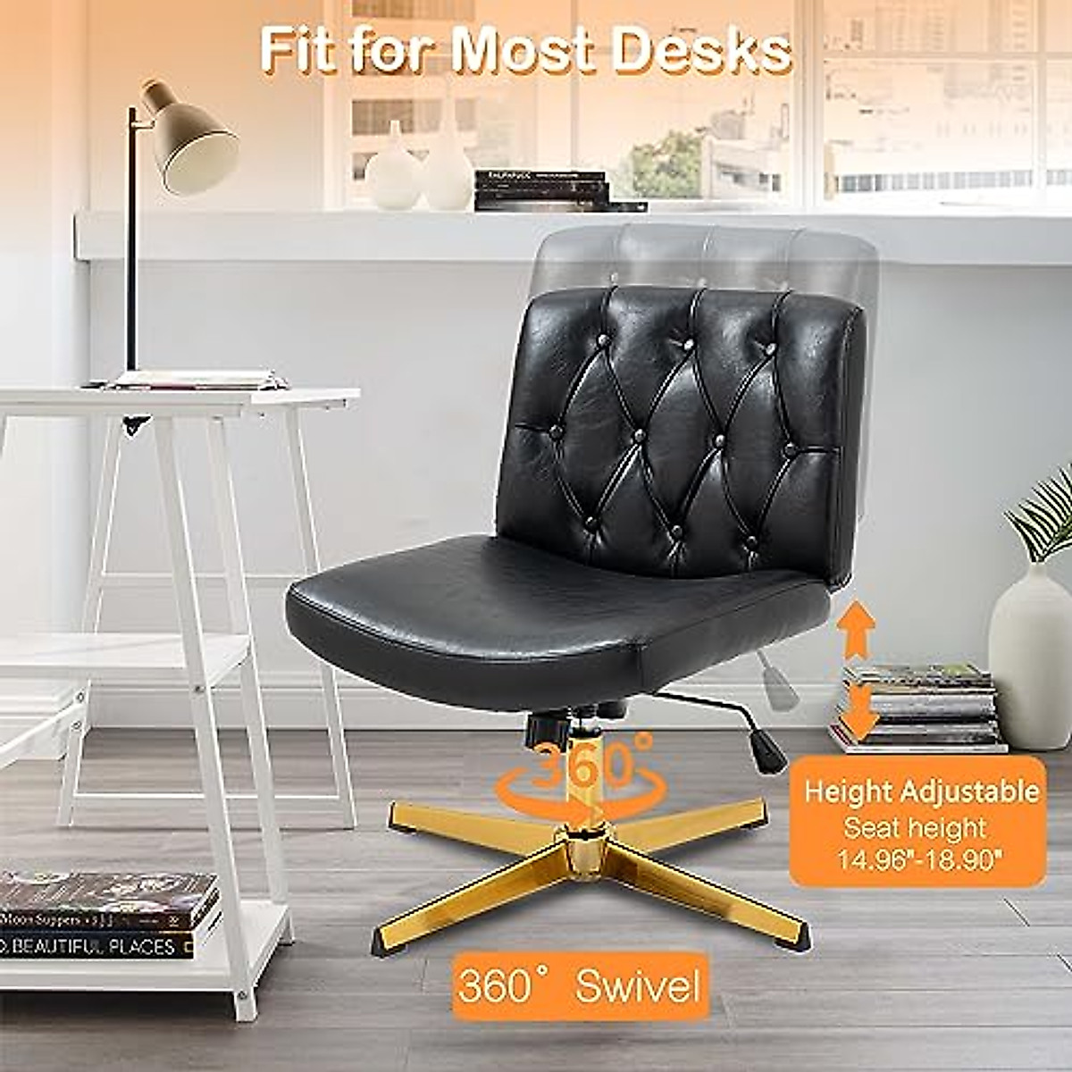 HomVent Armless Office Desk Chair No Wheels, PU Leather Tufted Padded Cute Desk Chair, Modern Ergonomic Computer Desk Chair w/Gold Cross Base,Adjustable Swivel Desk Chair for Makeup Vanity Study Black