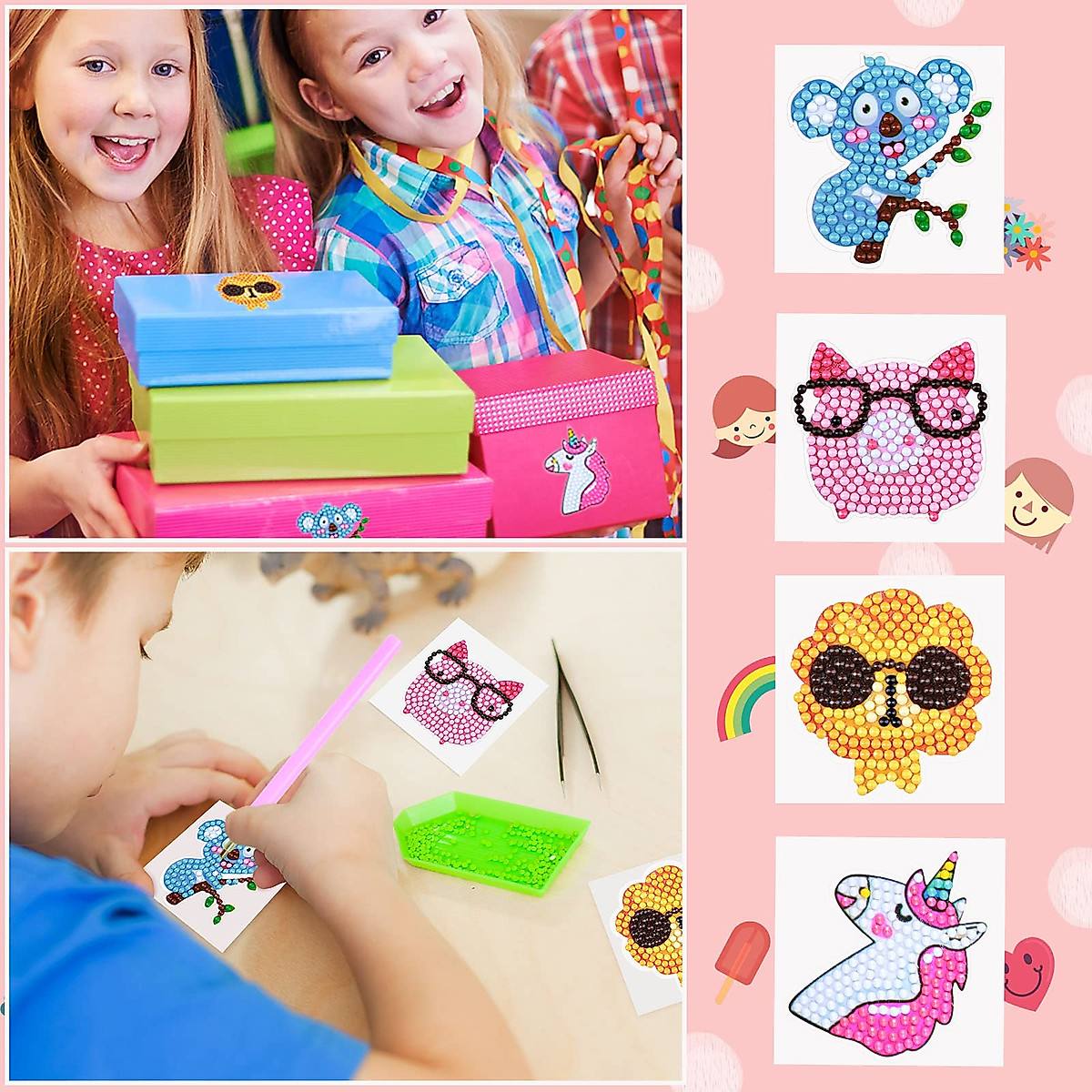 Marspark 16 Pieces Kids Valentine's Day Cards Painting Kits 5D DIY Beginner Animal Painting Stickers for Girls Boys School Classroom Exchange Gifts Craft Activity Party Favors, 4 Styles