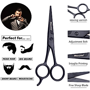 BlueZOO Beard Mustache Scissors and Comb Kit with PU Storage Bag, Rounded Safety Nose Hair Scissor for Men and Women Care Grooming, Ear Trimming Tool, Shears for Personal Grooming, Cutting & Styling