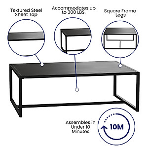 Flash Furniture Brock Commercial Grade Steel Modern Patio Coffee Table, Rectangular Outdoor Coffee Table with Textured Top and Square Leg Frame, Black