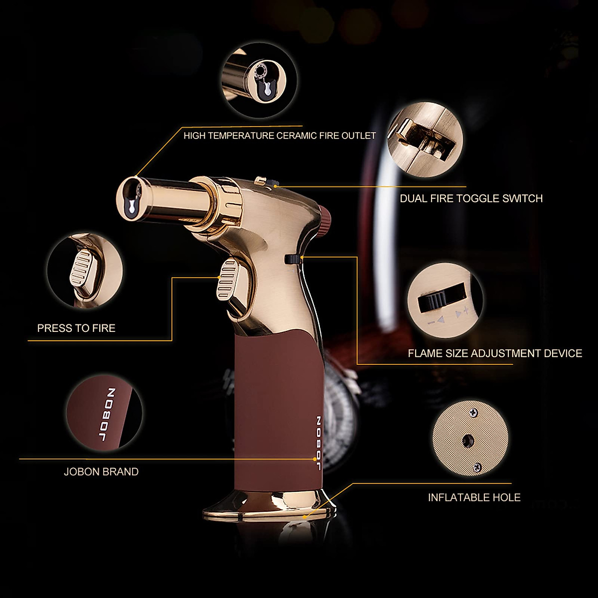 JOBON Torch Lighter, Double Flames Refillable Culinary Lighter with Continuous Flame Lock and Adjustable Flame for Kitchen, BBQ, Baking, Creme Brulee (Butane Gas Not Included) (Black Brushed - Black)