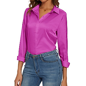 Women's Silk Blouse Long Sleeve Lady Shirt Casual Office Work Blouse Button-Down Shirts Tops(Hot Pink,M)
