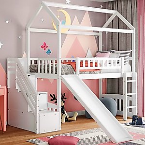 Harper & Bright Designs Loft Bed with Stairs and Slide, House Loft Bed Twin Size with Step Storage Drawers Stairway Playhouse Bed for Kids Toddlers Girls, Boys, No Box Spring Needed (Twin, White)