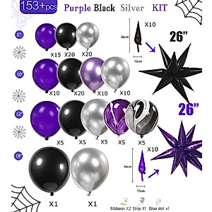 yeewaka purple black and silver balloon garland arch kit 150pcs with starburst balloons for Wednesday theme party for Halloween Vampirina Nightmare Ghost Eyes Party decorations