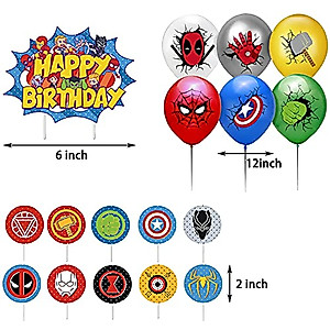 Superhero Party Supplies,Avengers Birthday Decoration-Superhero Birthday Party Banner,Superhero Balloons,Toppers Cake Toppers,6 Pcs Avengers Large Foil Balloons for Kid's boy Themem Party(44PCS)