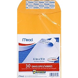 Mead Letter Size Mailing Envelopes, Press-It Seal-It Self Adhesive Closure, All-Purpose 24-lb Paper, 6" X 9", Brown Kraft Material, 30/Pack (76084)