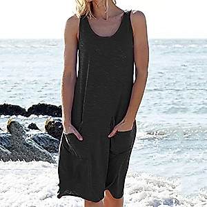 DUOWEI Teen Dresses Trendy Crew Neck Solid Colour Sleeveless Knit Casual Vest Dress Pocket Dress Causal Dresses for Women Black