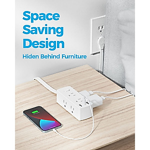 Flat Plug Power Strip, Olcorife Flat Extension Cord 5ft, 6 Outlets 3 USB Ports(1 USB C), 3-Side Outlet Extender Surge Protector for Home Office Travel Dorm Room Essentials, White