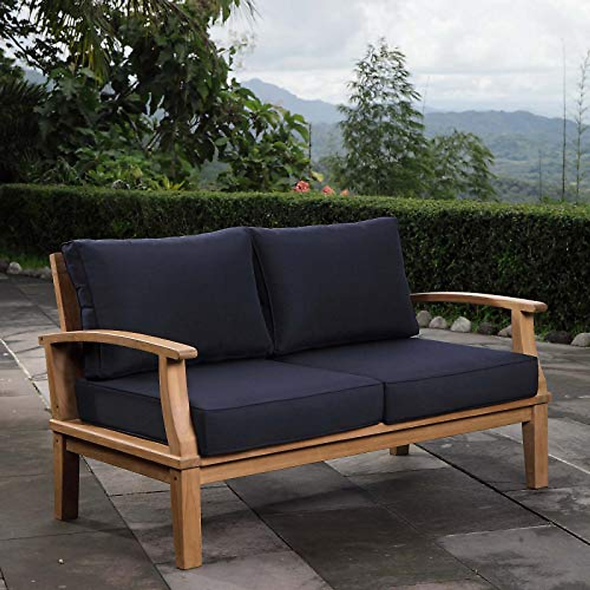 Modway Marina Premium Grade A Teak Wood Outdoor Patio, Loveseat, Natural Navy