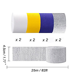 IGUO 8 Rolls Yellow Blue White Silver,Crepe Paper Streamers,Grad Party Supplies Decorations 82-Feet Paper Tassels for School Celebration Birthday Baby Shower Bridal Shower Decoration