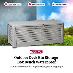 Toomax Florida 145 Gallon Lockable Deck Storage Box Bench for Outdoor Pool Patio Garden Furniture or Indoor Toy Bin Container, Warm Grey