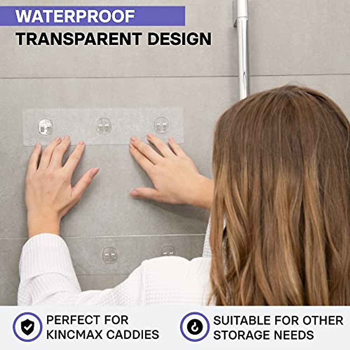 KINCMAX 2 Packs Strong Sticky Waterproof Heavy-duty Wall Adhesives Nail Free Transparent Adhesive Pad No-trace Wall Stick Adhesives Hook Strip for Shower Caddy, Kitchen Racks, Bathroom Storage Shelves