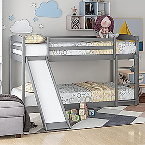 TARTOP Twin Over Twin Bunk Bed with Convertible Slide and Ladder,Solid Pinewood Frame, Low Bunk Bed w/Safety Guardrails,Suitable for Kids/Teen,No Box Spring Needed,Gray