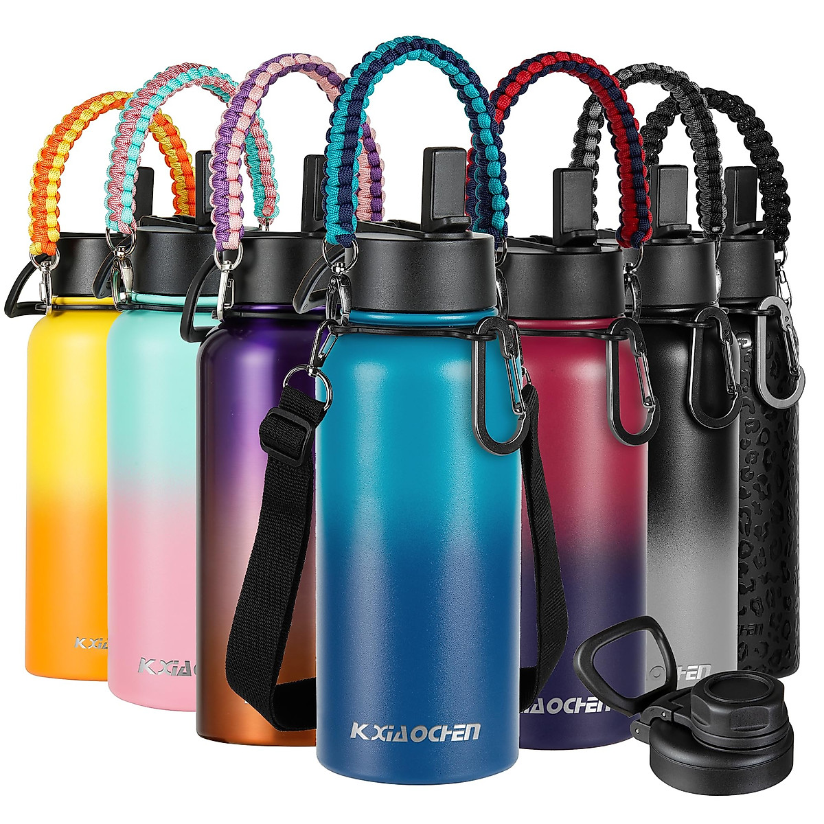 32 oz Insulated Water Bottle with Paracord Handles & Strap, 2 Lids(Straw Lid&Spout Lid), Stainless Steel Reusable Wide Mouth Metal Water Bottle With Straw, Double Walled, Thermo Mug(Dark Night)