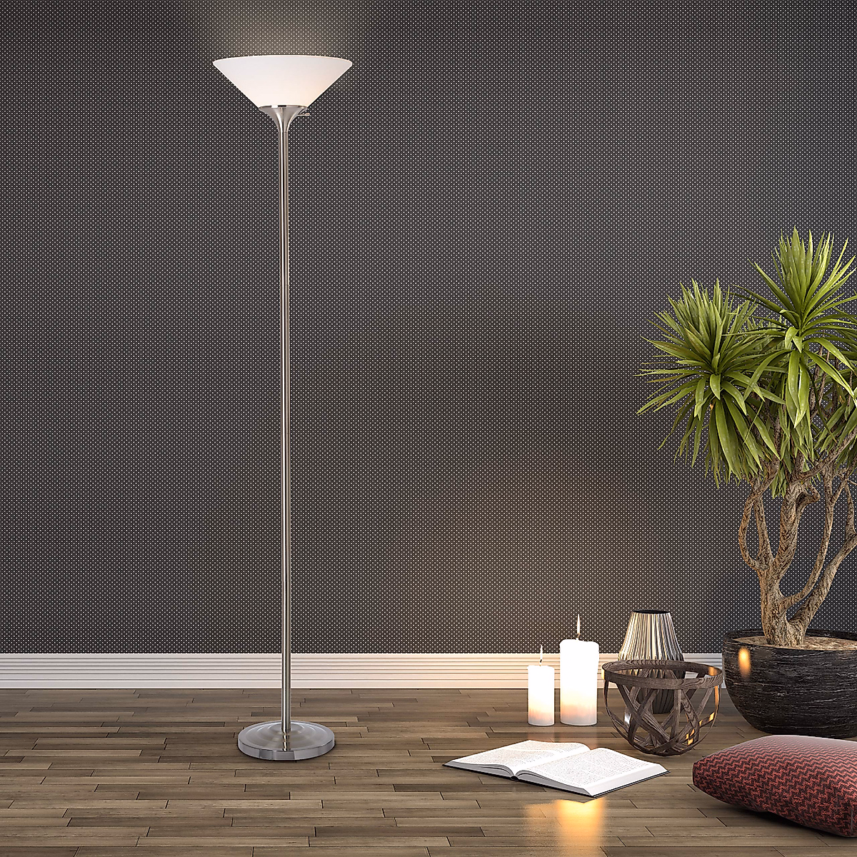 Normande Lighting 150-Watt Incandescent Concord Torchiere Lamp, Brushed Steel