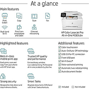 HP Laserjet Pro MFP M283cdw Wireless Color All-in-One Laser Printer, Print&Copy&Scan&Fax, up to 22 ppm, 600x600 dpi, 2.7" Color Touchscreen, Work with Alexa (7KW73A), with Lanbertent Printer Cable