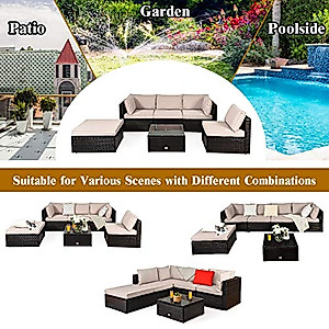 Tangkula 6 Piece Patio Furniture Set, Outdoor Deck Lawn Backyard Durable Steel Frame PE Rattan Wicker Sectional Sofa Set, Conversation Set with Coffee Table (Beige)