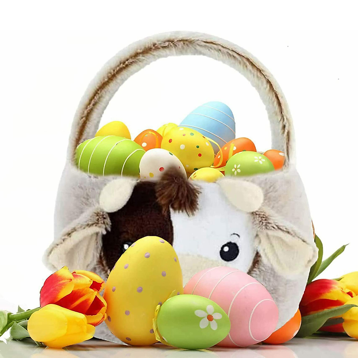 Cute Plush Cow Easter Basket for Kids, Cow Easter Buckets with Plush Ear, Candy Buckets Storage Tote Bag Easter Decorations (Cow Easter Basket, 7.9"L x 7.9"W x 9.8"H)