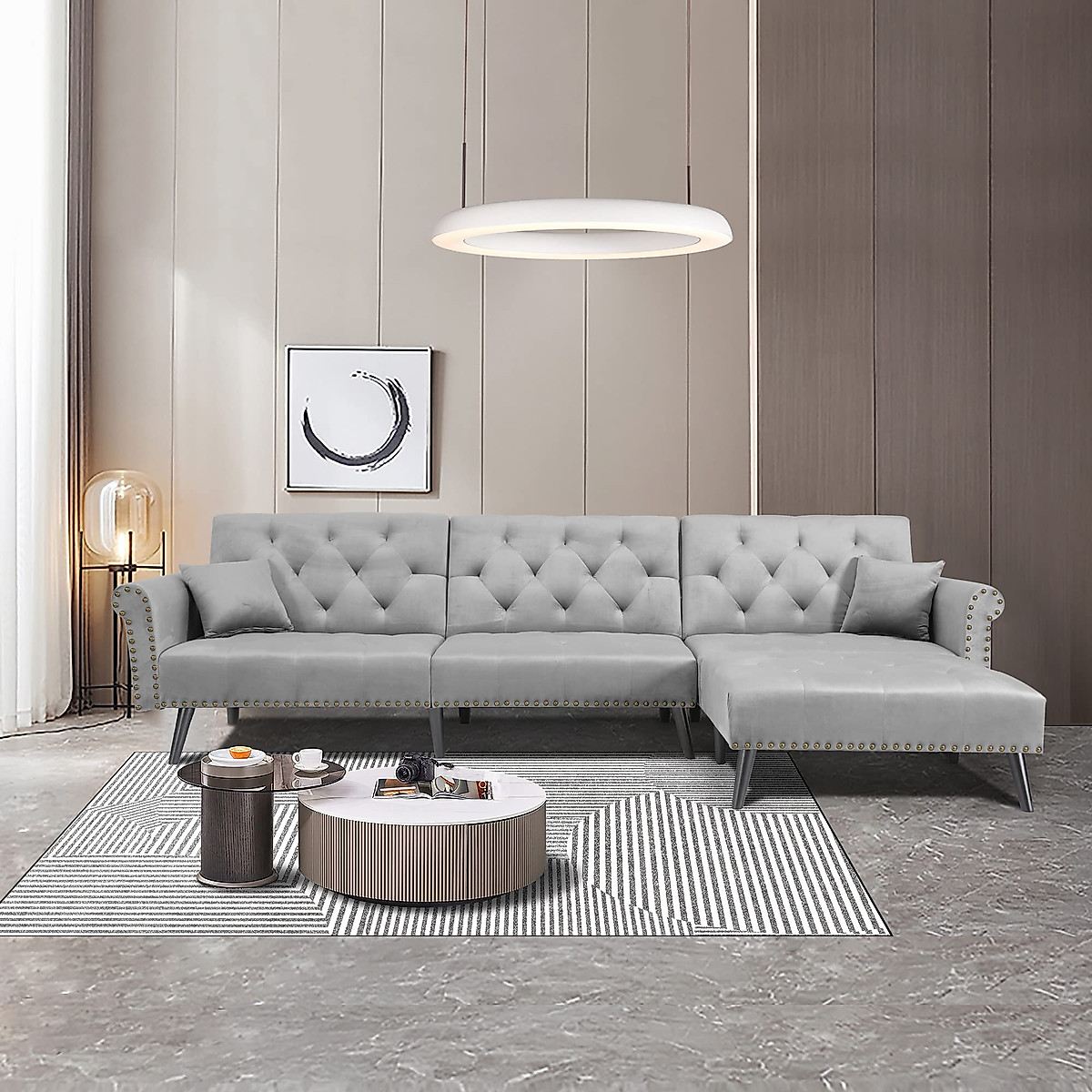 EMKK Convertible Sectional Adjustable Backrest,Upholstered Couch with Chaise Longue 2 Pillows Modern Velvet Fabric for Living Room Office Apartment, Gray L Shape Sofa