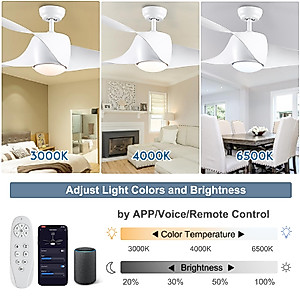SNJ Smart Ceiling Fans with Lights and Remote, 52" White Ceiling Fan with Light, Modern Ceiling Fans with Remote/APP/Alexa Control, 3 Reversible Blades, Dimmable, Ceiling Fan for Bedroom Dining Room