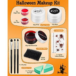 Lictin Halloween Clown Makeup Kit - White Black Red Face Body Paint + Fake Blood Gel, Water Activated Face Paint Kit for Adults, SFX Joker Zombie Vampire Skeleton Makeup Kit with Brushes & Sponges