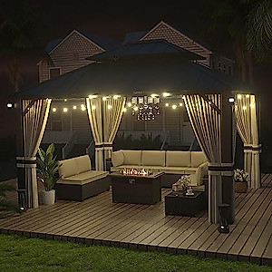ALAULM 12' x 14' Hardtop Gazebo, Outdoor Patio Aluminum Gazebo with Aluminum Double Roof, Permanent Pavilion w/Curtains and Netting for Backyard, Patio, Deck, Garden-Cream