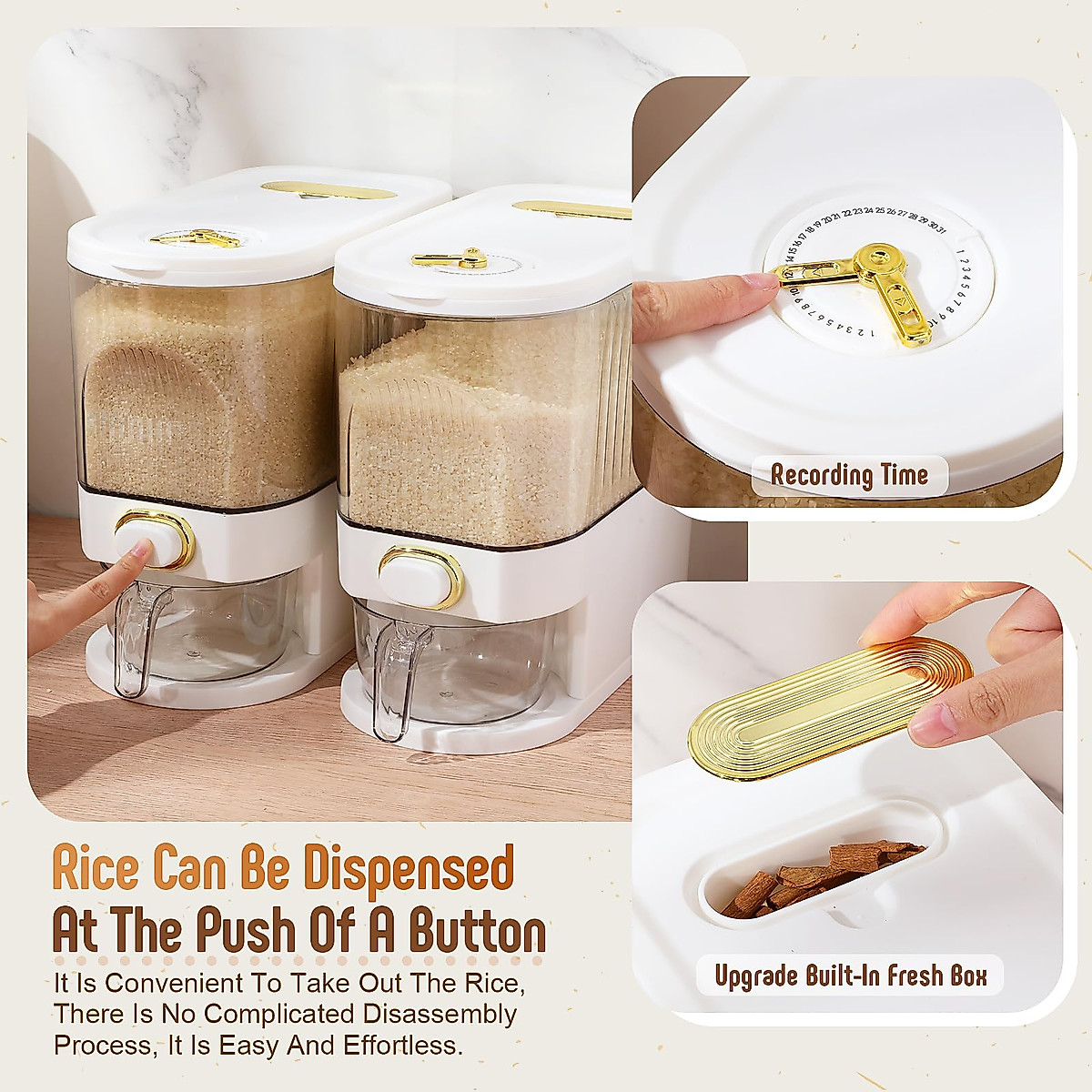 Singhoow 2 Pcs 11lbs Rice Storage Container Large Rice Dispenser with Time Scale Cereal Dry Food Dispenser Rice Holder with Rice Washing Spoon and Cleaning Brush for Kitchen, Clear and Ivory White