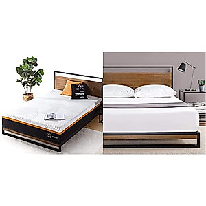 ZINUS 12 Inch Cooling Copper Adaptive Pocket Spring Hybrid Mattress, Queen & Suzanne 37 Inch Metal and Wood Platform Bed Frame/No Box Spring Needed, Chestnut Brown, Queen