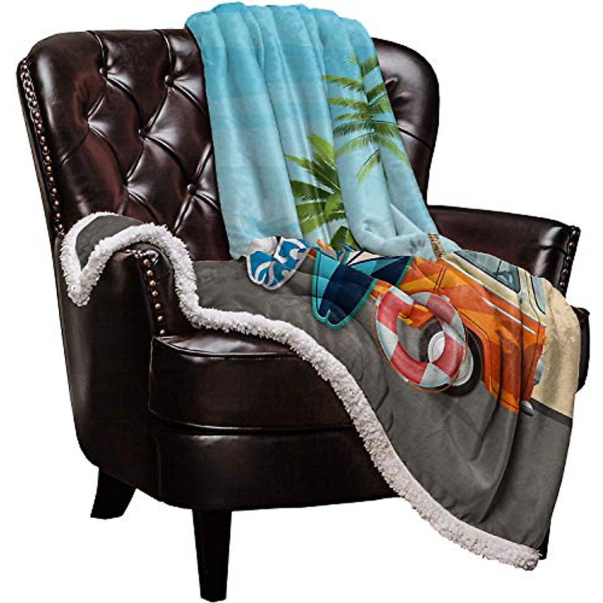 Summer Coastal Coconut Tree Surfboard Sherpa Flannel Throw Blankets Thick Reversible Plush Fleece Blanket for Bed Couch Sofa Decor Ocean Diving Theme,Ultra Soft Warm Fuzzy TV Blanket 50x60in