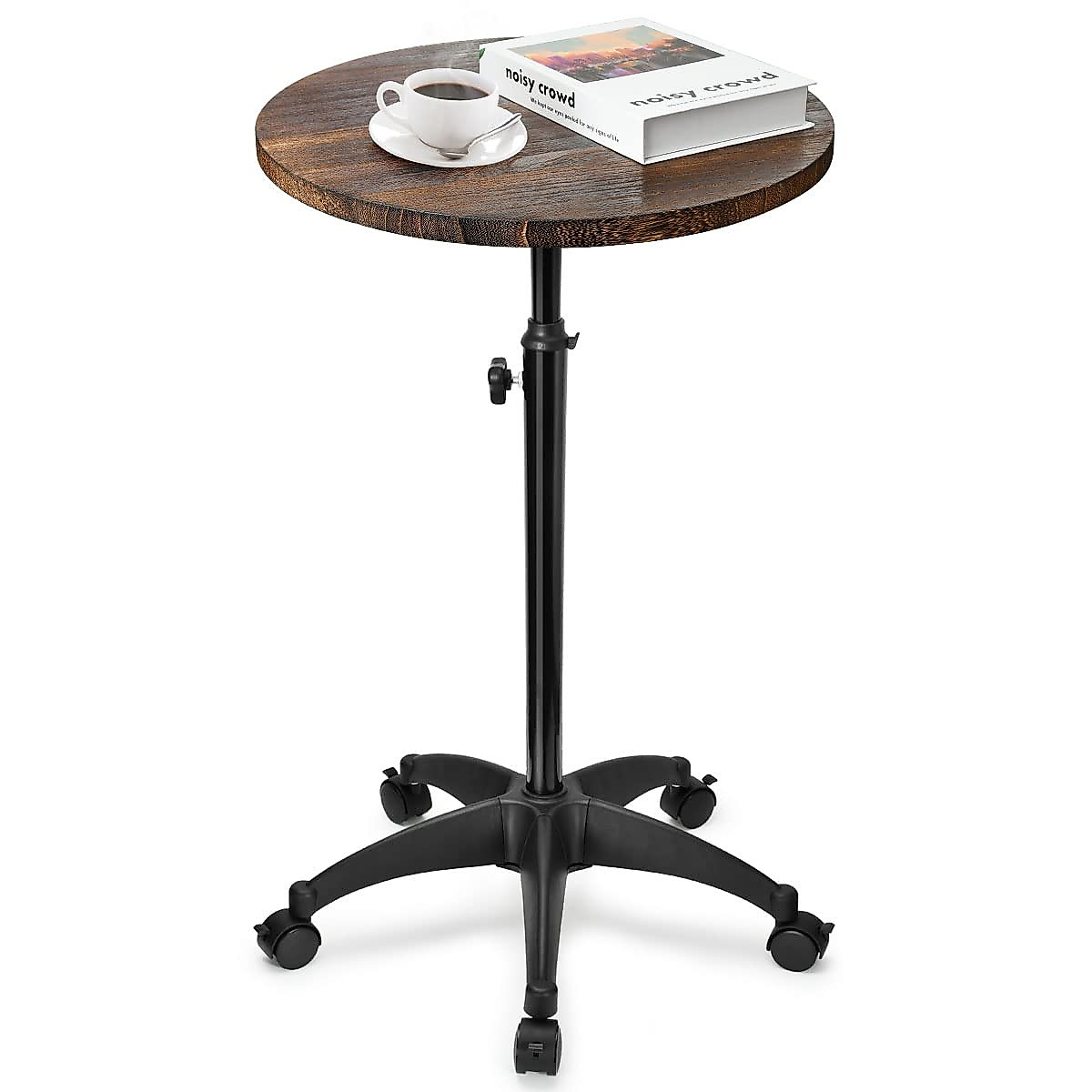 Shrivee Adjustable Height Round Side Table, Multifunctional Mobile Workstation, Portable Standing Desk with Brakes Wheels, Small Round Side Table Moved for Living Room, Bedroom, Home Office