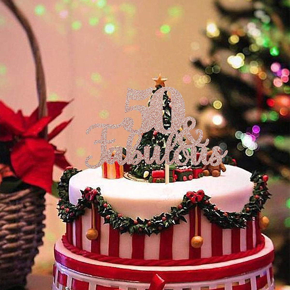 1 PCS 50 & Fabulous Cake Topper Glitter Fifty and Fabulous Cake Toppers Happy 50th Birthday Cake Pick for 50th Wedding Anniversary Birthday Party Cake Decorations Supplies Rose Gold