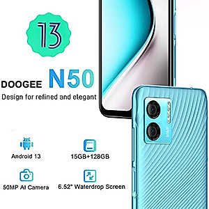 DOOGEE N50 |2023| Unlocked Cell Phone,15GB RAM+128GB ROM, Android 13 Smartphone,50MP AI Camera Mobile Phone,Loud Speaker,6.52" HD+Display Android Smartphone,Dual Sim 4G,OTG/Fingerprint Blue