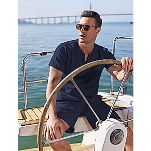 COOFANDY Men's 2 Pieces Short Sets Cotton Henley Shirts Short Sleeve Casual Beach Shorts Summer Yoga Outfits