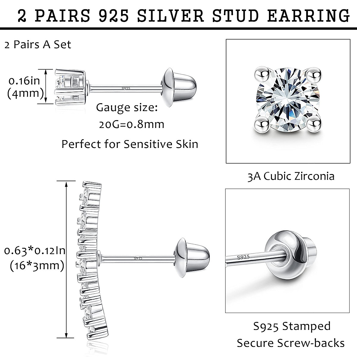 Sllaiss 2 Pairs Sterling Silver CZ Cartilage Stud Earrings Set for Women White Gold Plated Climber Helix Conch Daith Piercing with Screw Back (Silver)