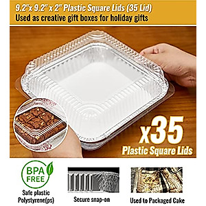 NUPICK 35 Pack 8 inch Square Baking Cake Pans with Plastic Lids and Non-Stick Paper (50 Sheets), Disposable Aluminum Foil Food Containers