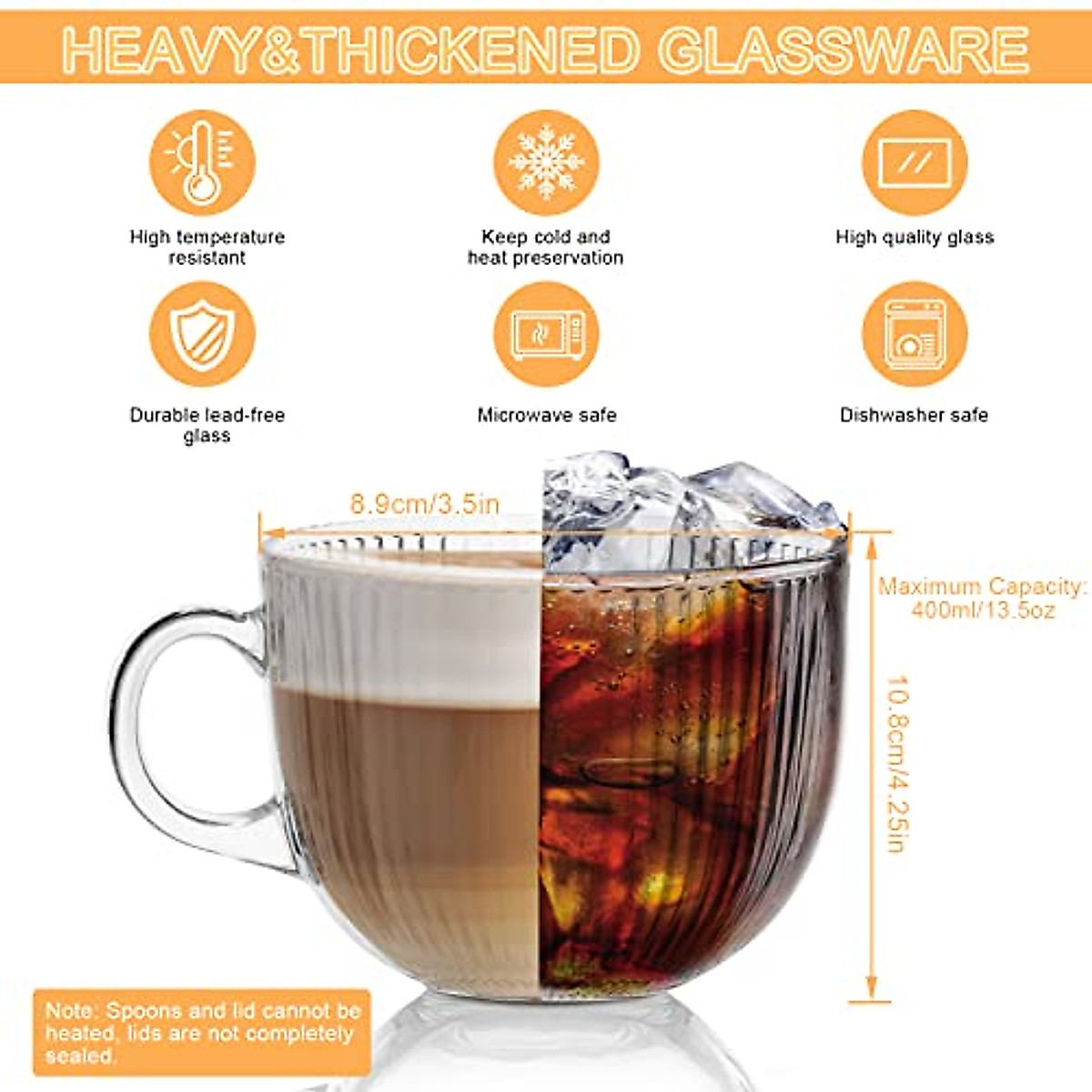 OULOVECO Glass Cereal Bowl Clear Oatmeal Bowl with Handle Spoon,Glass Coffee Mug with Lids Milk Breakfast Bowls Yogurt Bowl for Latte Tea Microwave Safe,400ml/13.5 oz,Set of 2