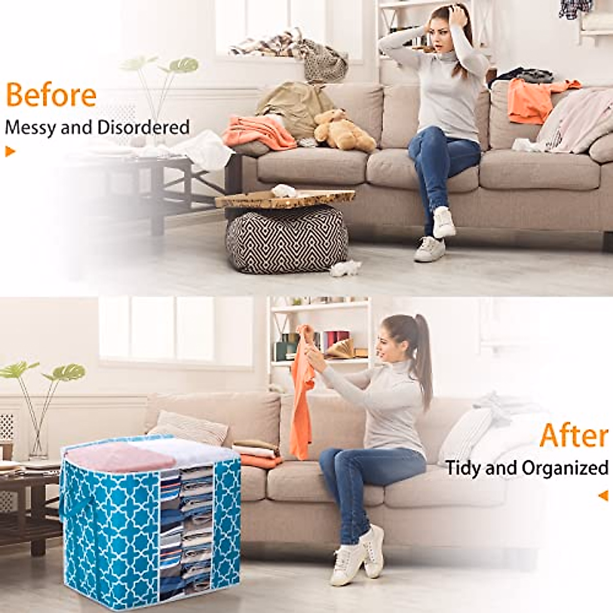 PFFVRP Storage Bags 100L 6-Pack, Blanket Clothes Organization with Reinforced Handle and Clear Window, Foldable with Sturdy Zipper, Large Capacity Comforter Storage Bag(Blue)