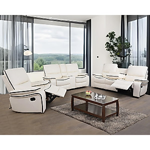 GEBADOL Manual Recliner Sofa Set, Bonded Leather Sofa with Reclining Seaters, Reclining Couch Set with Storage Console and Cup Holders for Living Room/Bedroom/Office/Apartment, Creamy-White