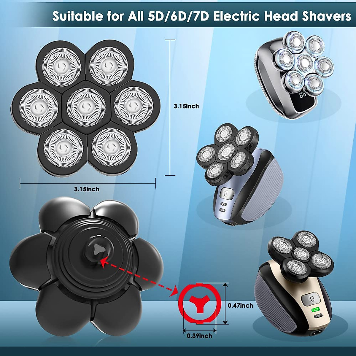 Shaver Blade Heads, LIGHWODE 7D Universal Head Shaver Replacement Blades Electric Razor Replacement Head Waterproof Wet & Dry Easy Install for Head and Face Compatible with Most Shavers