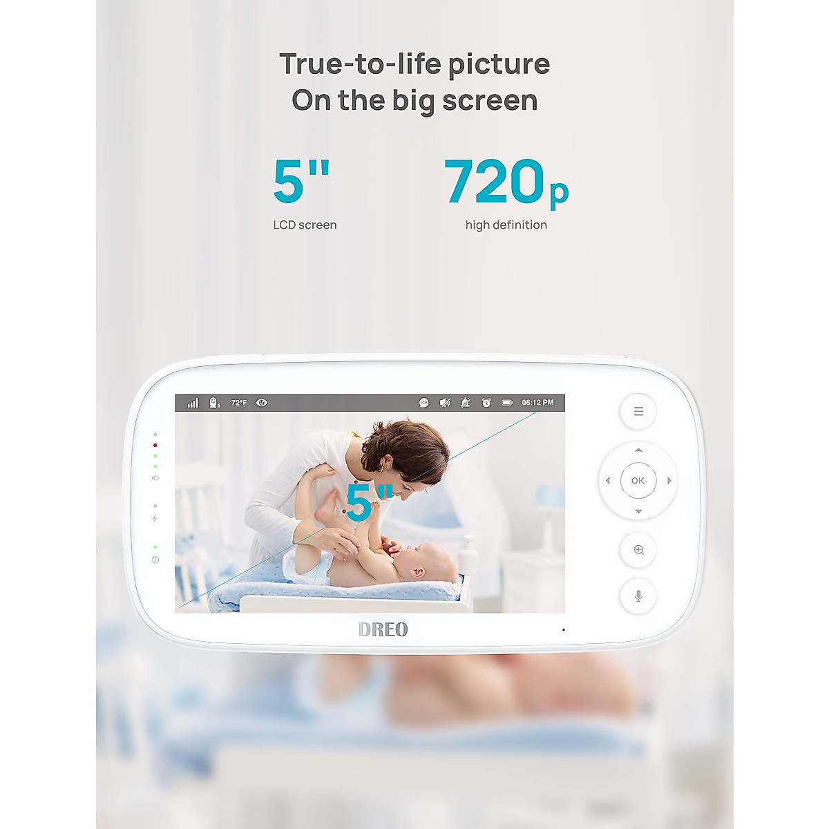 Dreo Baby Monitor, 5 Inches 720P HD Split Screen Video Baby Monitor with Camera and Audio, Infrared Night Vision, 2-Way Talk, Remote PTZ, 1000ft Range, 5000mAh Rechargeable Battery with VOX Mode