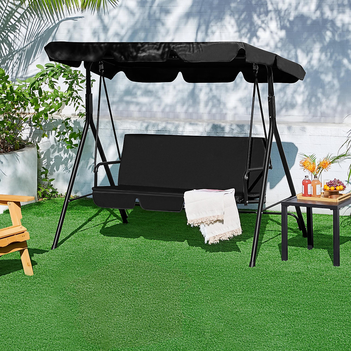 Yaheetech 3-Seat Patio Swing Chair, Outdoor Canopy Swing Porch Swing with Adjustable Canopy & Removable Cushion, Hanging Swing Glider Lounge Chair for Patio, Garden, Yard, Porch - Black