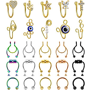 ZOERAY 25Pcs Fake Nose Ring Nose Cuffs Fake Septum African Clip on Faux Septum Nose Ring Non Pierced Nose Hoop Heart Star Shape Multi-Style for Women