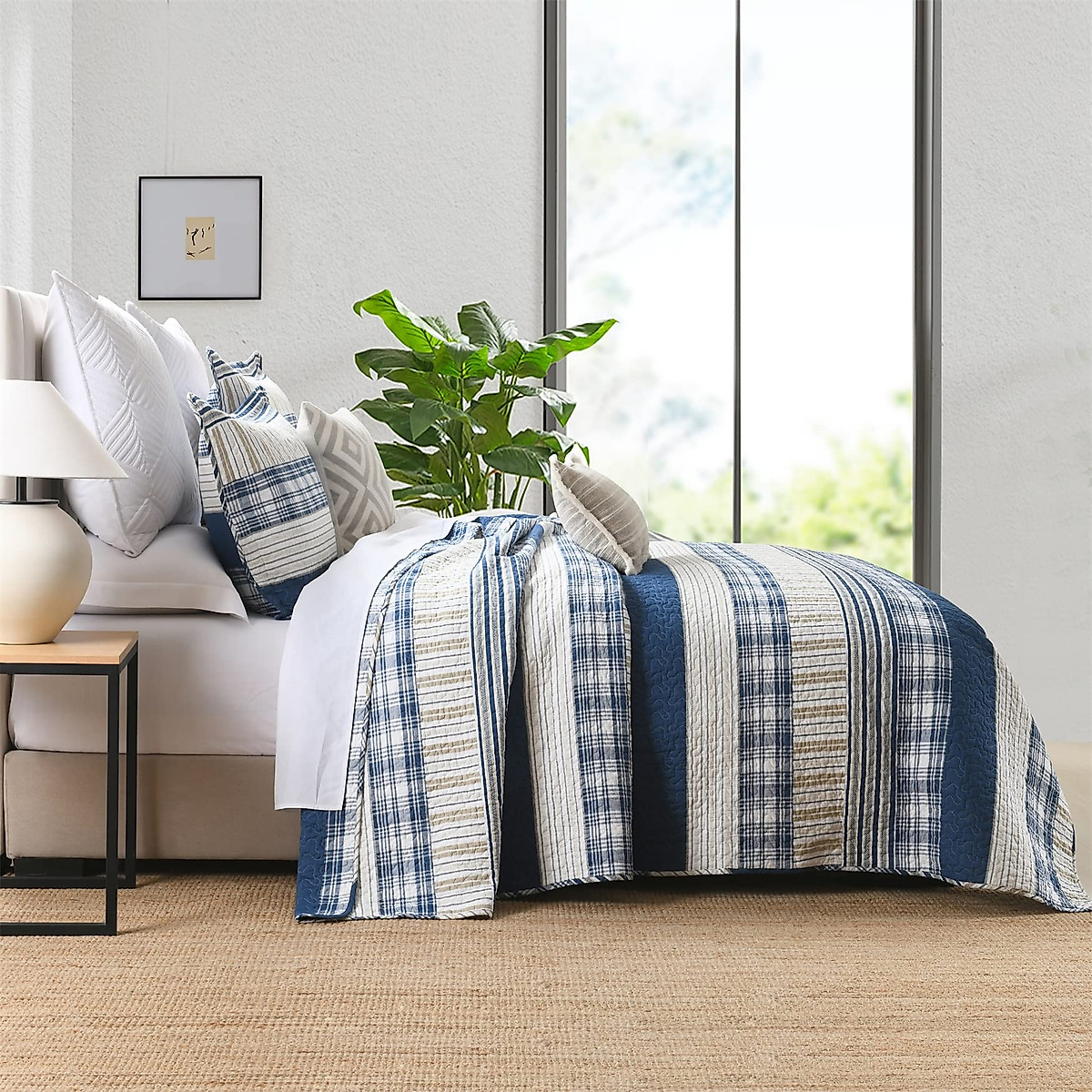 Homzard Queen Comforter Set - Blue White Tan Striped Queen Size Comforter Set,Plaid Striped Bedding Quilt, Farmhouse Bedspread, Lightweight Bedding Quilts 3 Pieces All Season