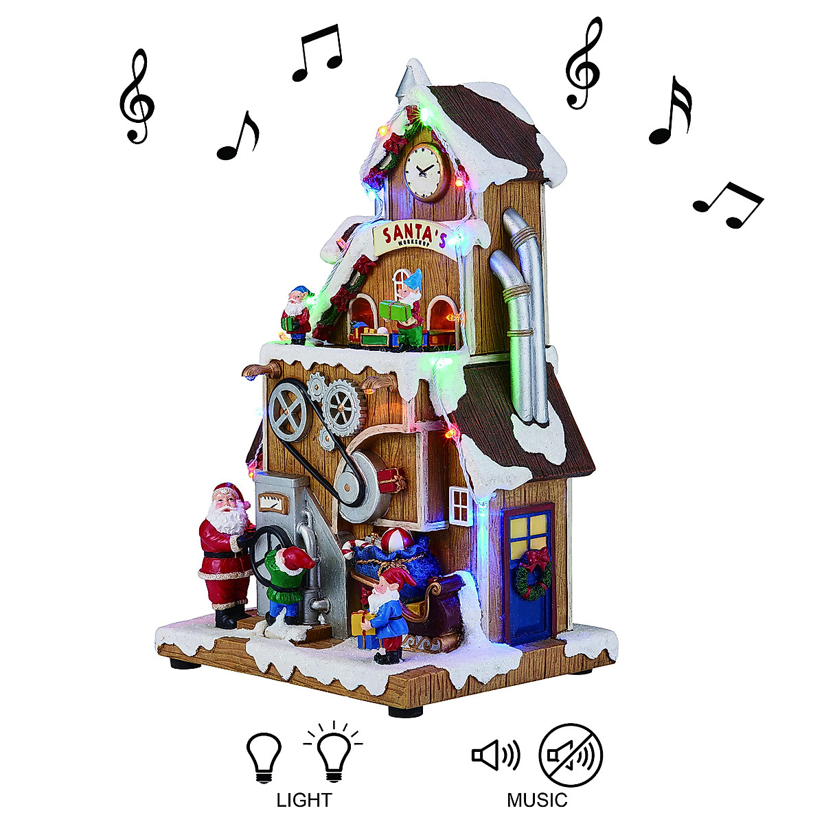Moments in Time Christmas Village Building, Santa's Workshop with Christmas Music, LED Lights, and Animation - Power Adapter (Included) (11.6" H x 5.7" W x 7.1" D)