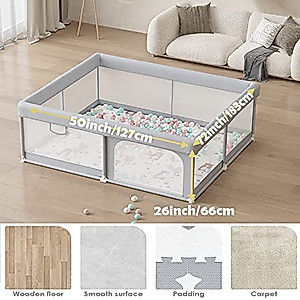 Baby Playpen, Large Baby Play Yard, Baby Playpen for Toddler, Playpen for Babies with Soft Breathable Mesh, Indoor & Outdoor Playard for Kids Activity Center, Kid's Fence, Grey (50 x 72 Inch)