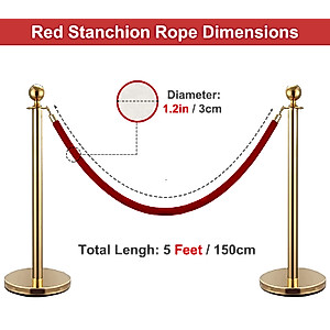 LVYIHAN 2 Pack Velvet Stanchion Rope Red, 5 Ft Crowd Control Ropes Barrier with Gold Hooks, Hanging VIP Rope for Party Decoration